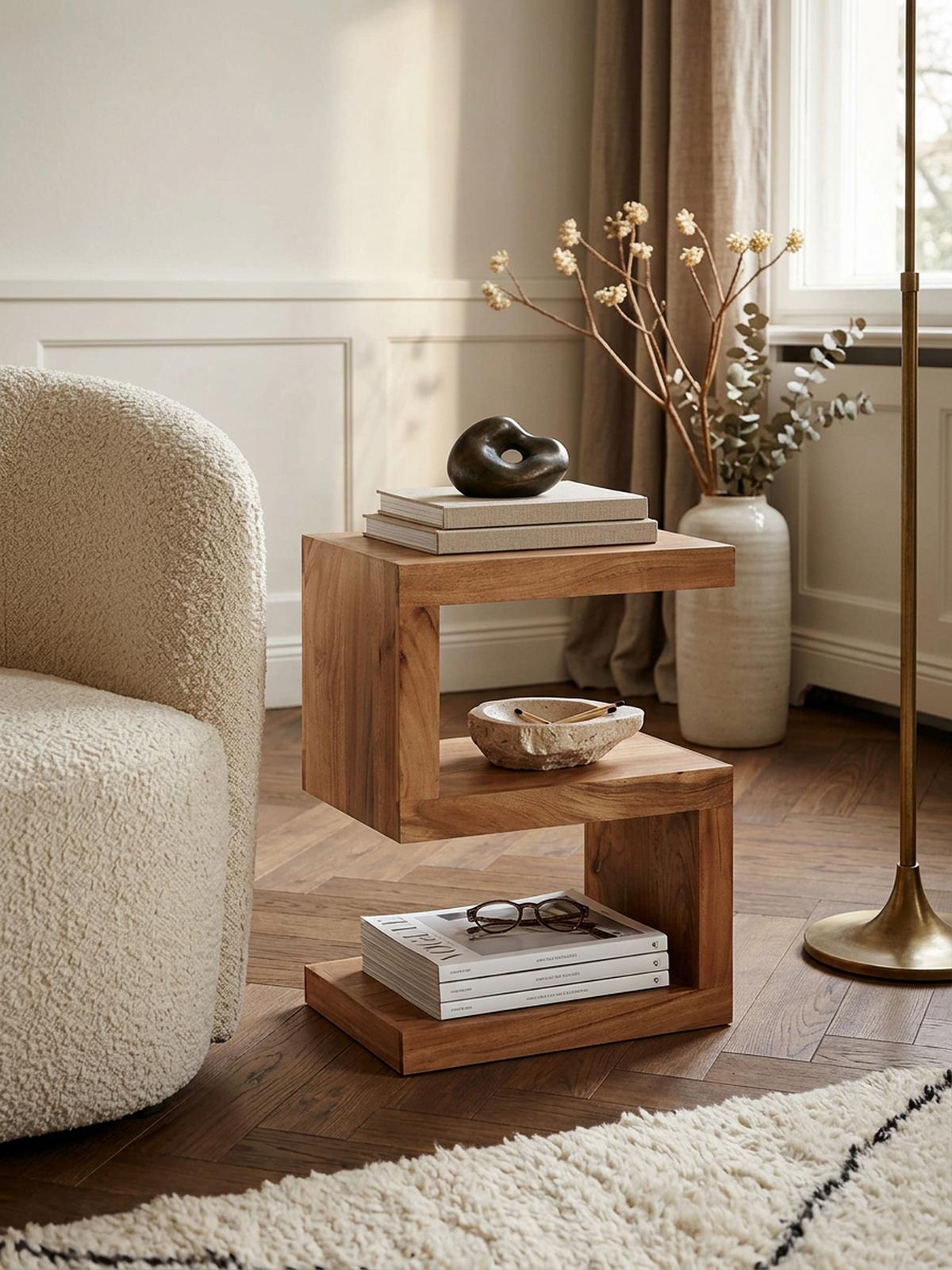 KADIMA DESIGN BEISTELLTISCH Massivholz S-Form Handgefertigt, Beige ...