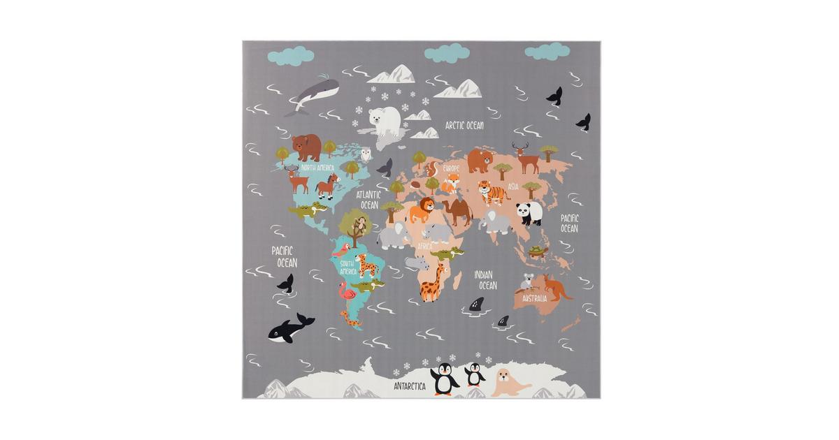 KADIMA DESIGN KINDERTEPPICH Waschbar, mit Tier‑Weltkarten‑Muster, Grau ...