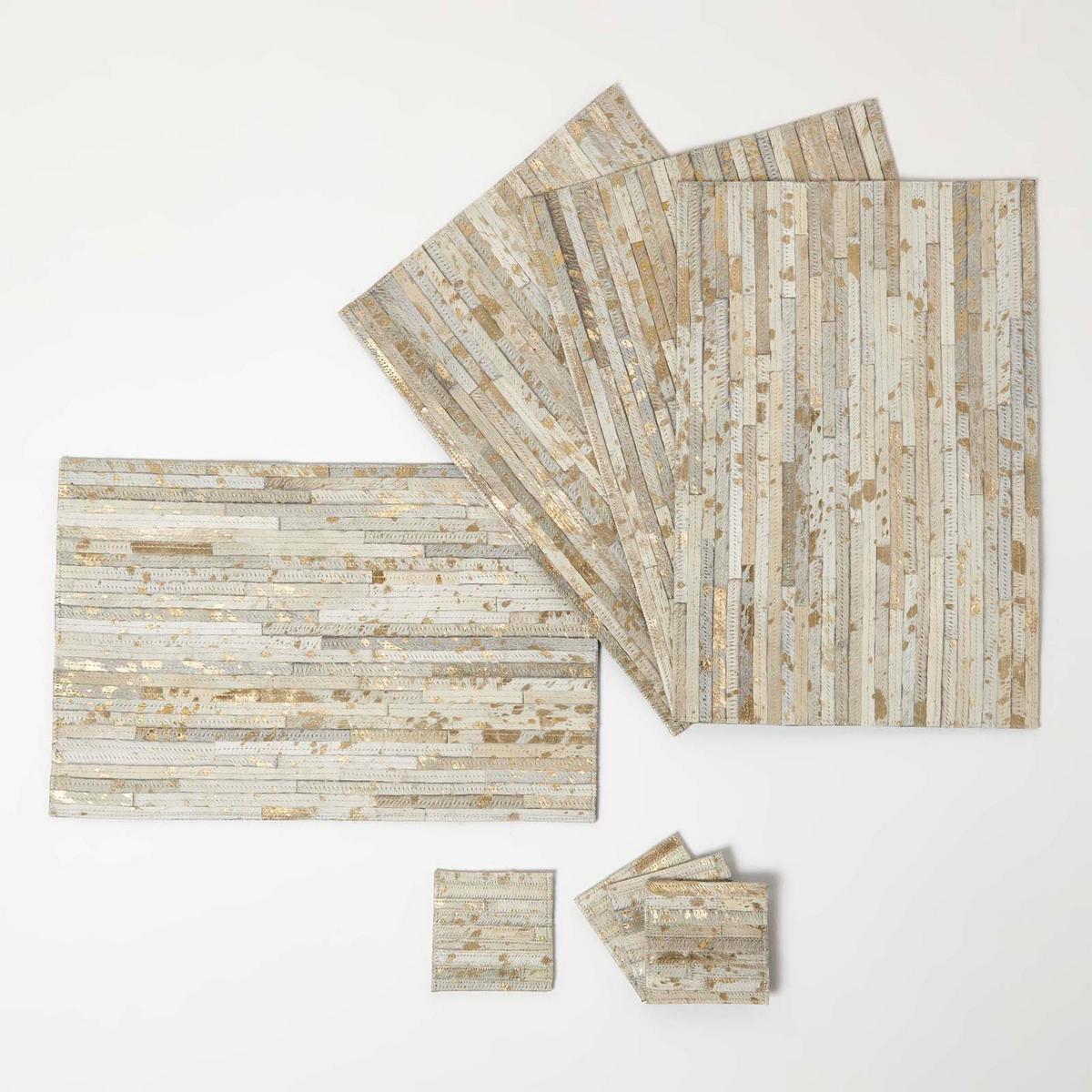 Homescapes TISCHSET 4er-Set grau-gold, Patchwork-Streifen, Fell & Leder ...
